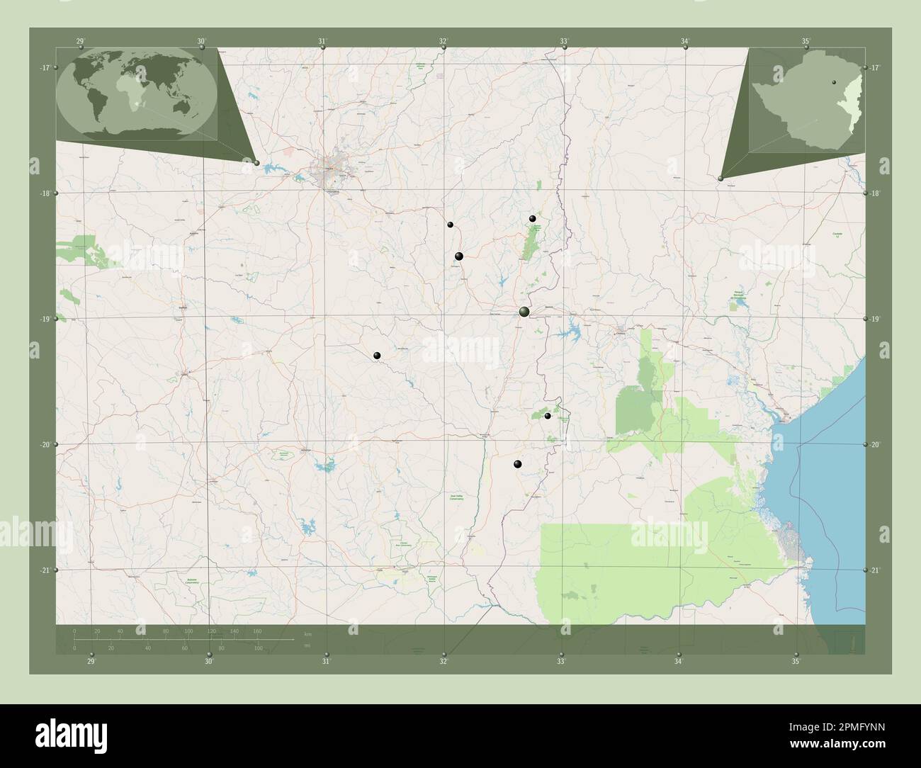 Manicaland, province of Zimbabwe. Open Street Map. Locations of major ...