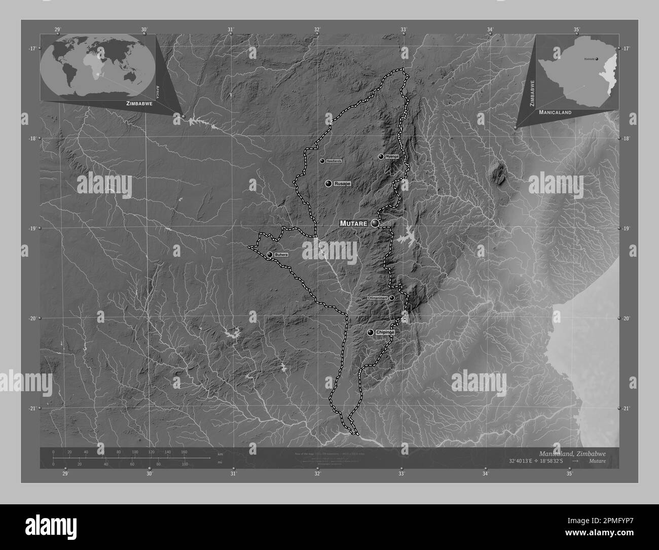 Manicaland, province of Zimbabwe. Grayscale elevation map with lakes ...