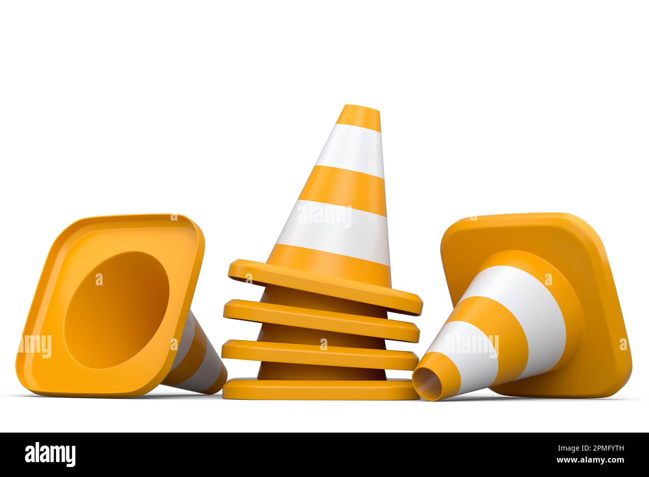 Set of traffic cones for under construction road work on white ...