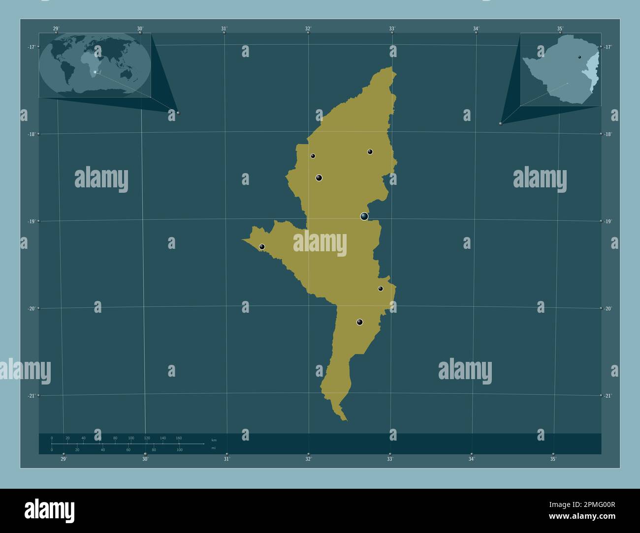 Manicaland, province of Zimbabwe. Solid color shape. Locations of major ...