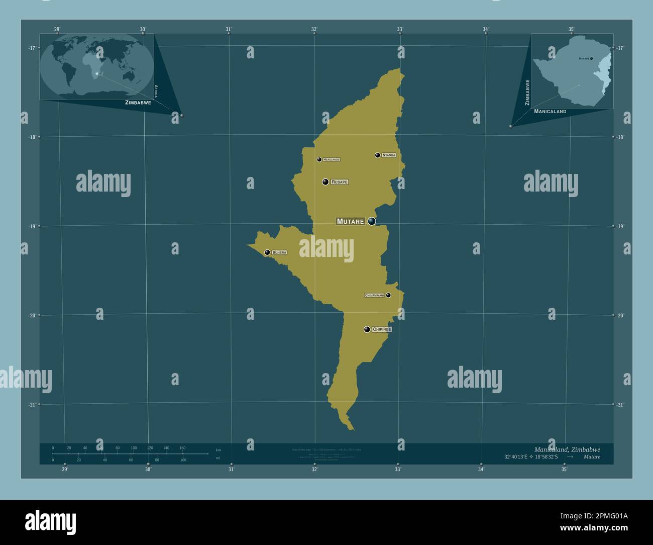 Manicaland, province of Zimbabwe. Solid color shape. Locations and ...