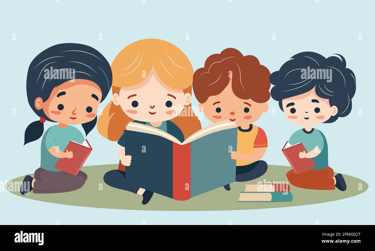 Children Characters Reading Books Together In Sitting Pose Stock Vector ...