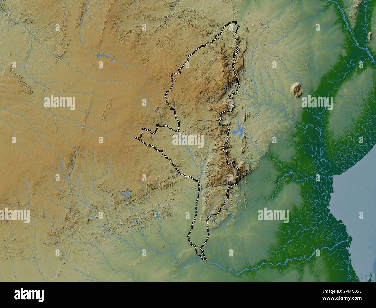Manicaland, province of Zimbabwe. Colored elevation map with lakes and ...