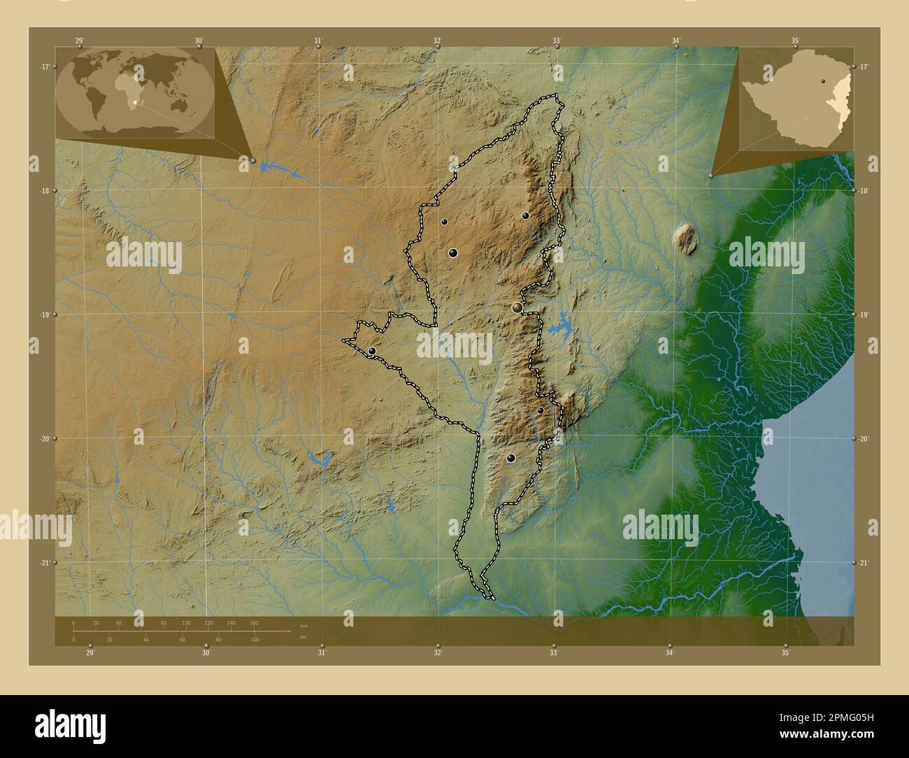 Manicaland, province of Zimbabwe. Colored elevation map with lakes and ...