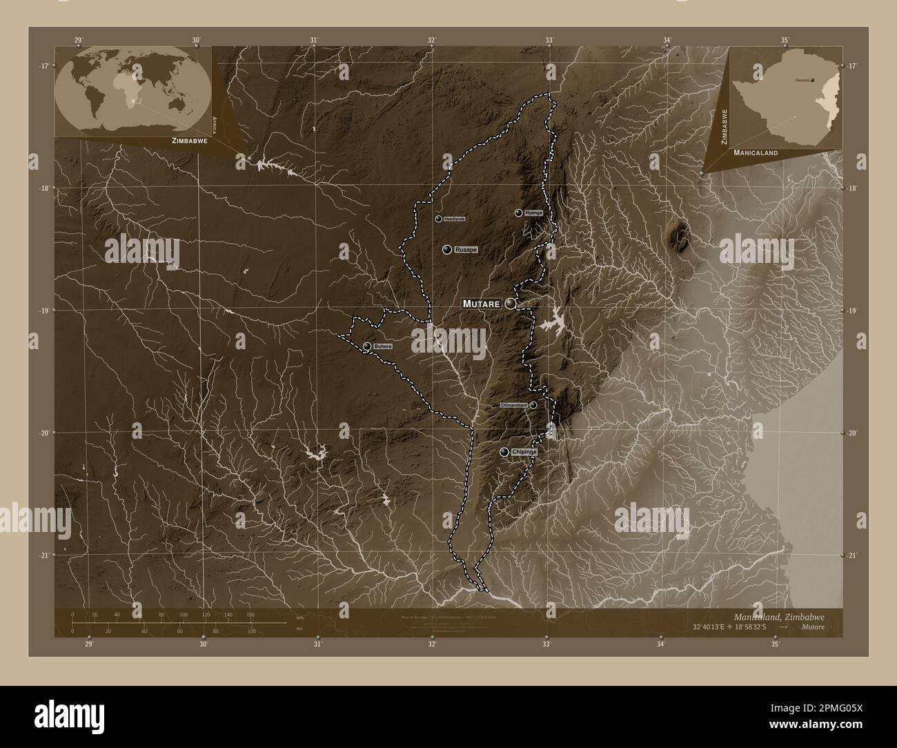Manicaland, province of Zimbabwe. Elevation map colored in sepia tones ...