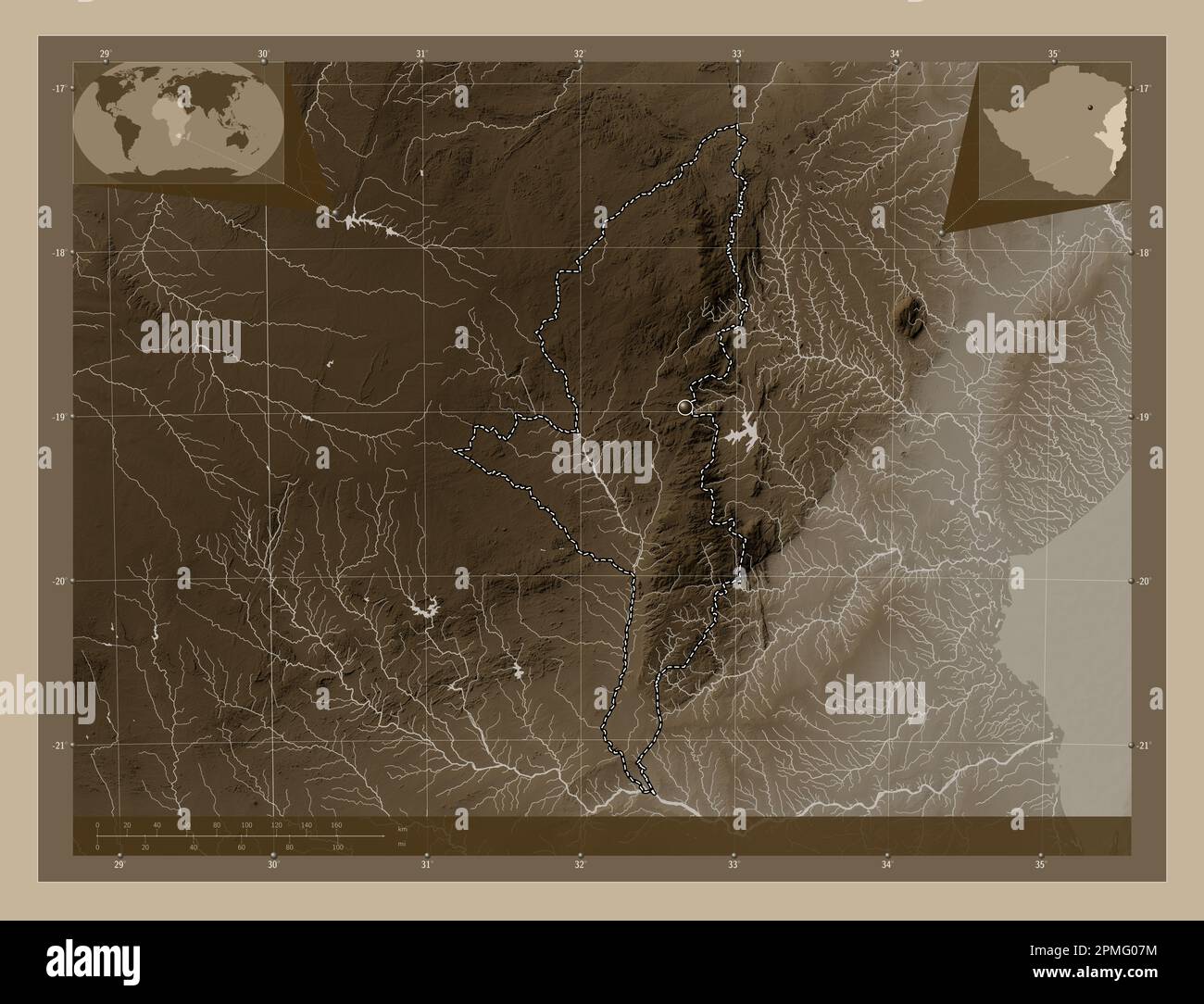 Manicaland, province of Zimbabwe. Elevation map colored in sepia tones ...