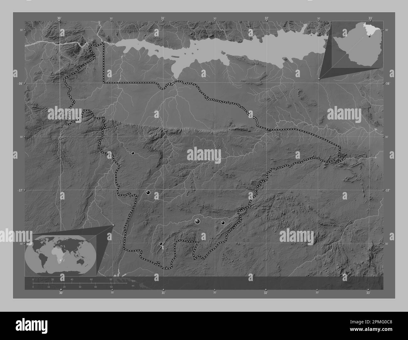 Mashonaland Central, province of Zimbabwe. Grayscale elevation map with ...