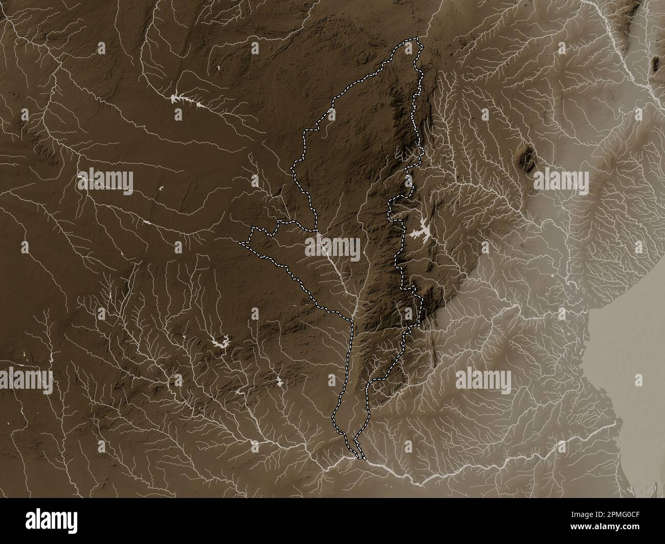 Manicaland, province of Zimbabwe. Elevation map colored in sepia tones ...