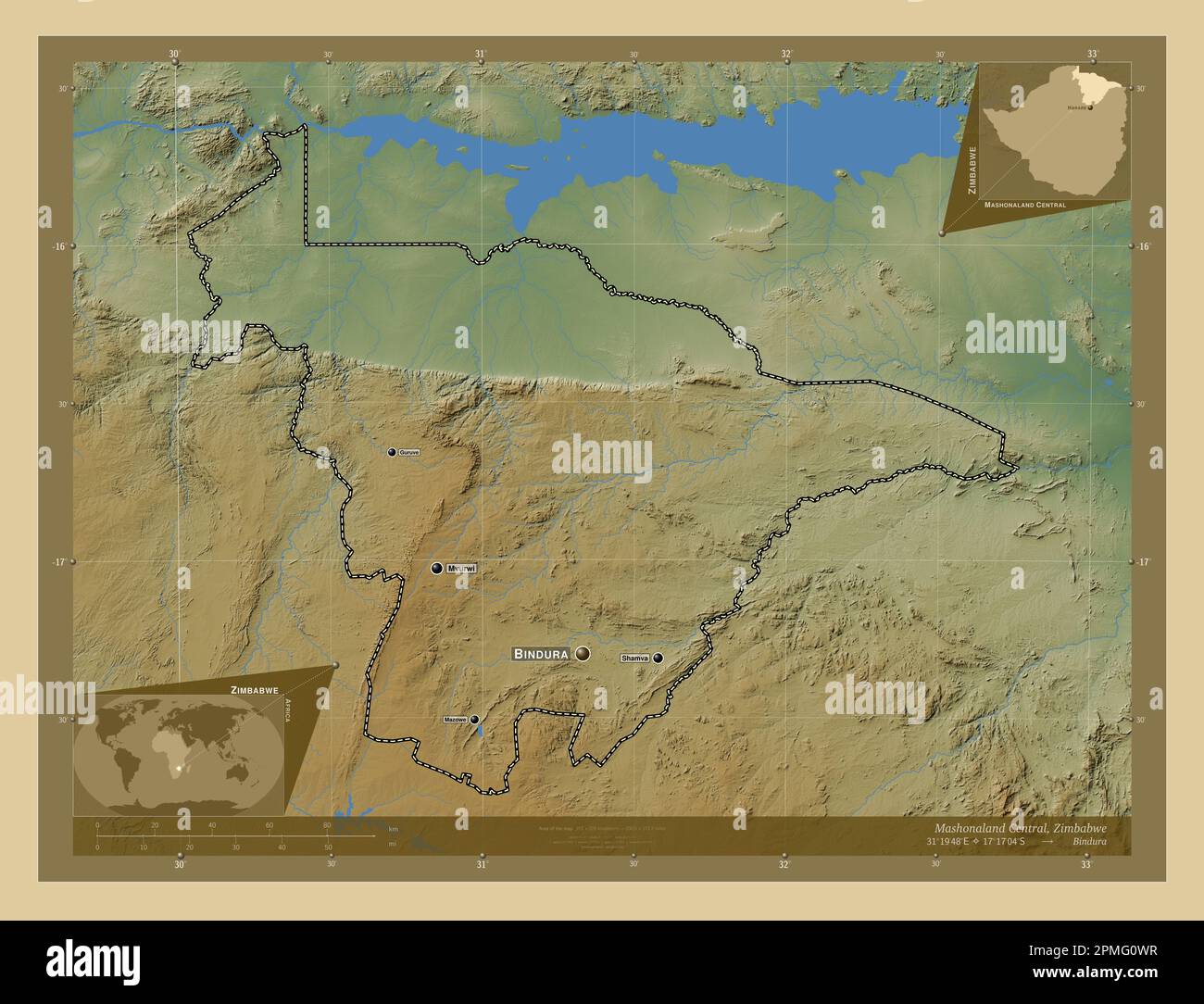 Mashonaland Central, province of Zimbabwe. Colored elevation map with ...