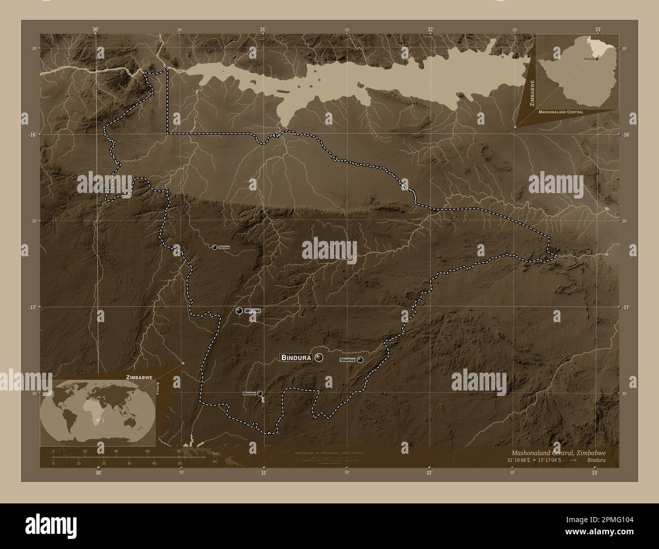 Mashonaland Central, province of Zimbabwe. Elevation map colored in ...