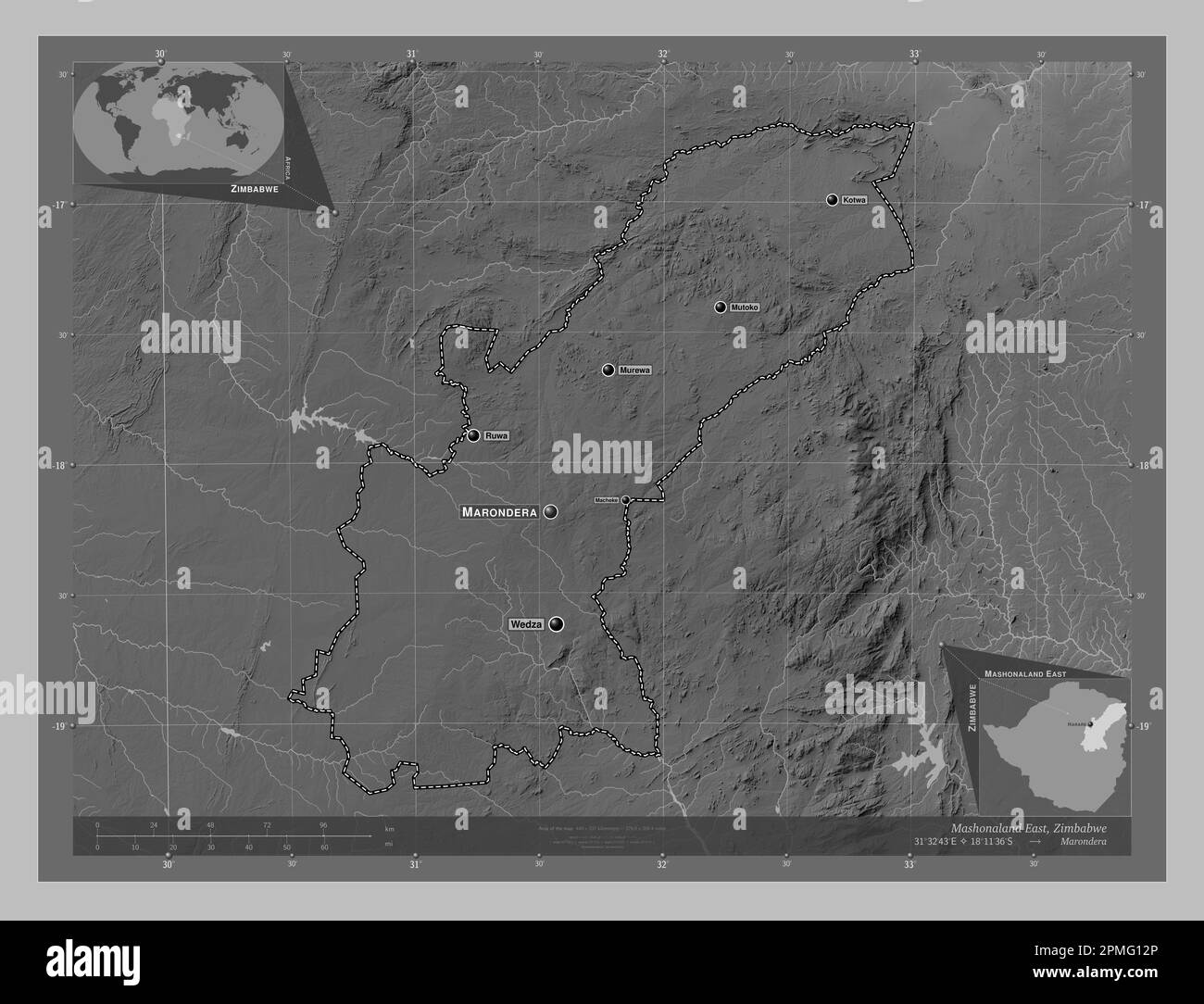 Mashonaland East, province of Zimbabwe. Grayscale elevation map with ...