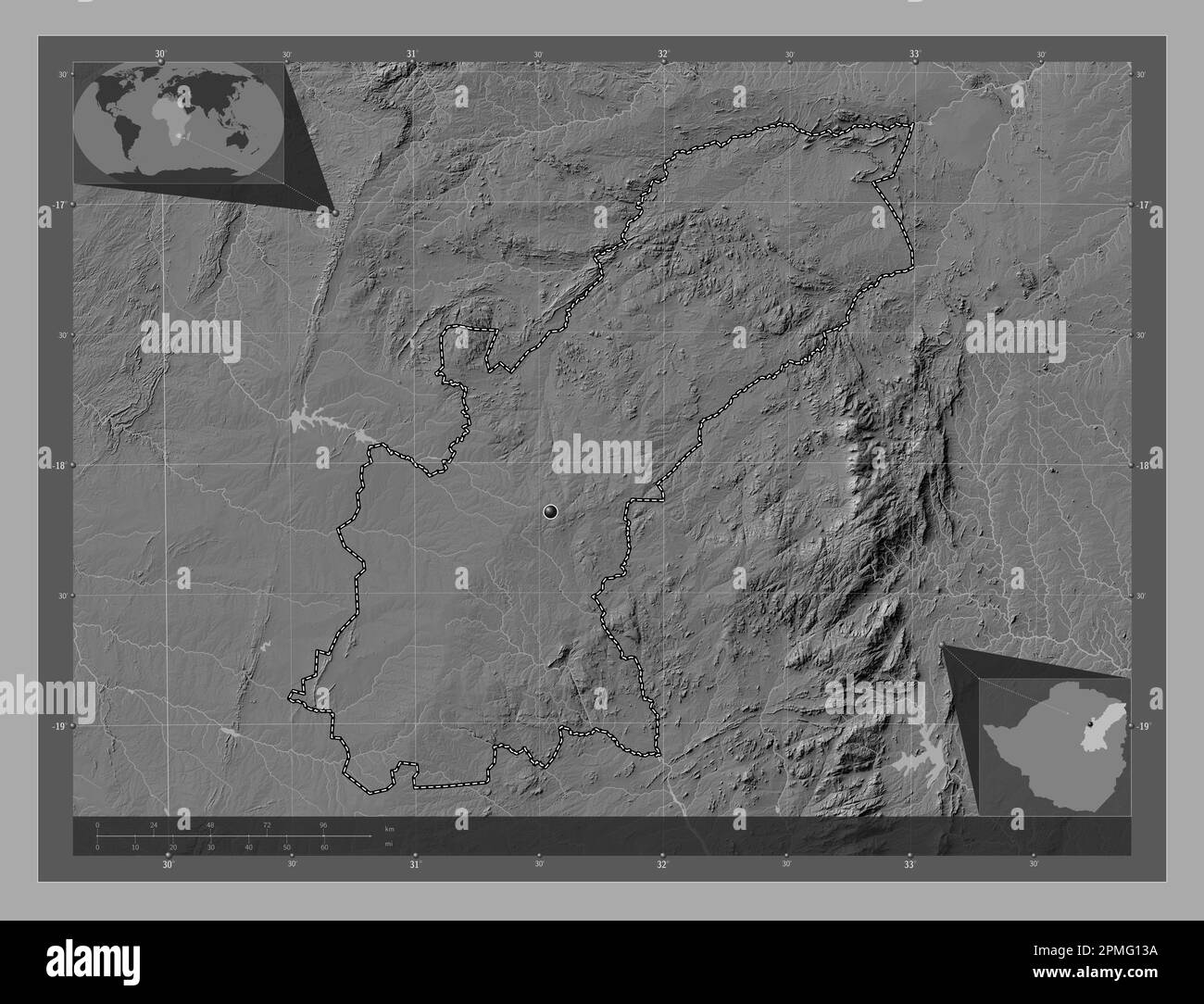 Mashonaland East, province of Zimbabwe. Bilevel elevation map with ...