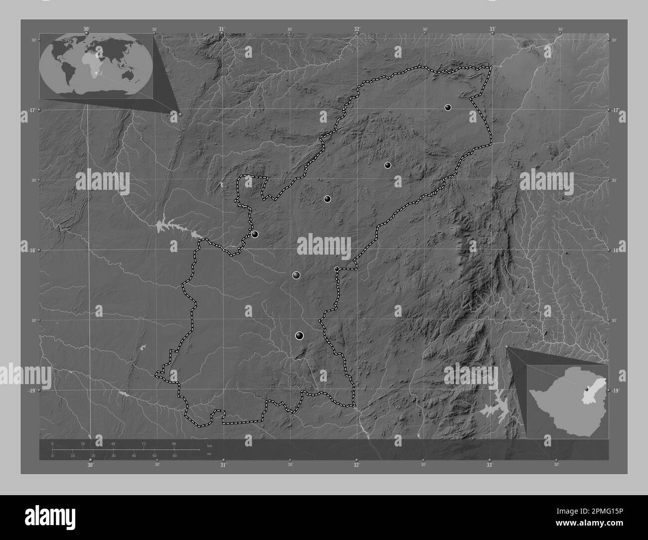 Mashonaland East, province of Zimbabwe. Grayscale elevation map with ...