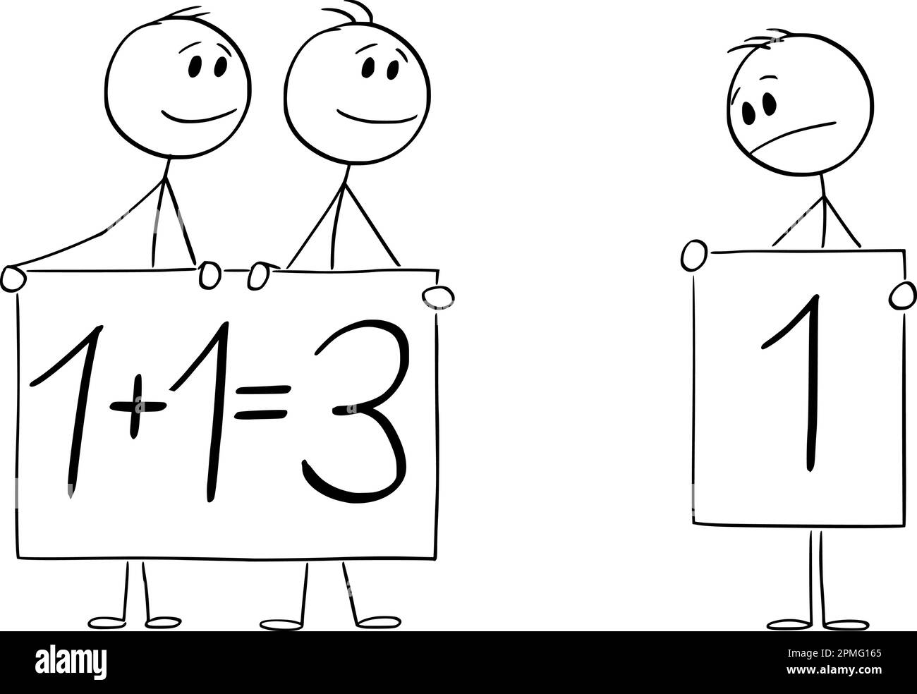 Cooperation and teamwork, two is more than one, vector cartoon stick ...