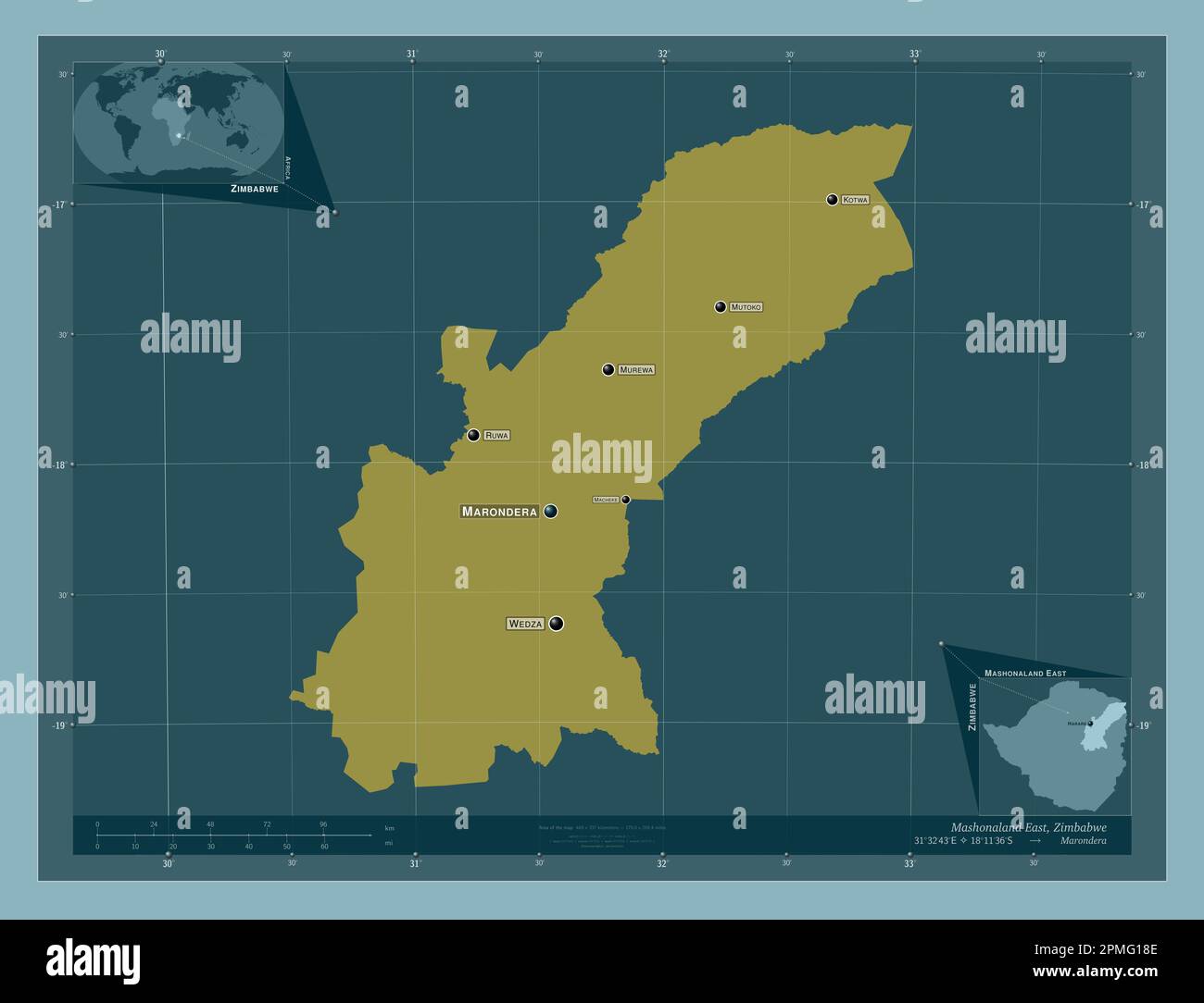 Mashonaland East, province of Zimbabwe. Solid color shape. Locations ...