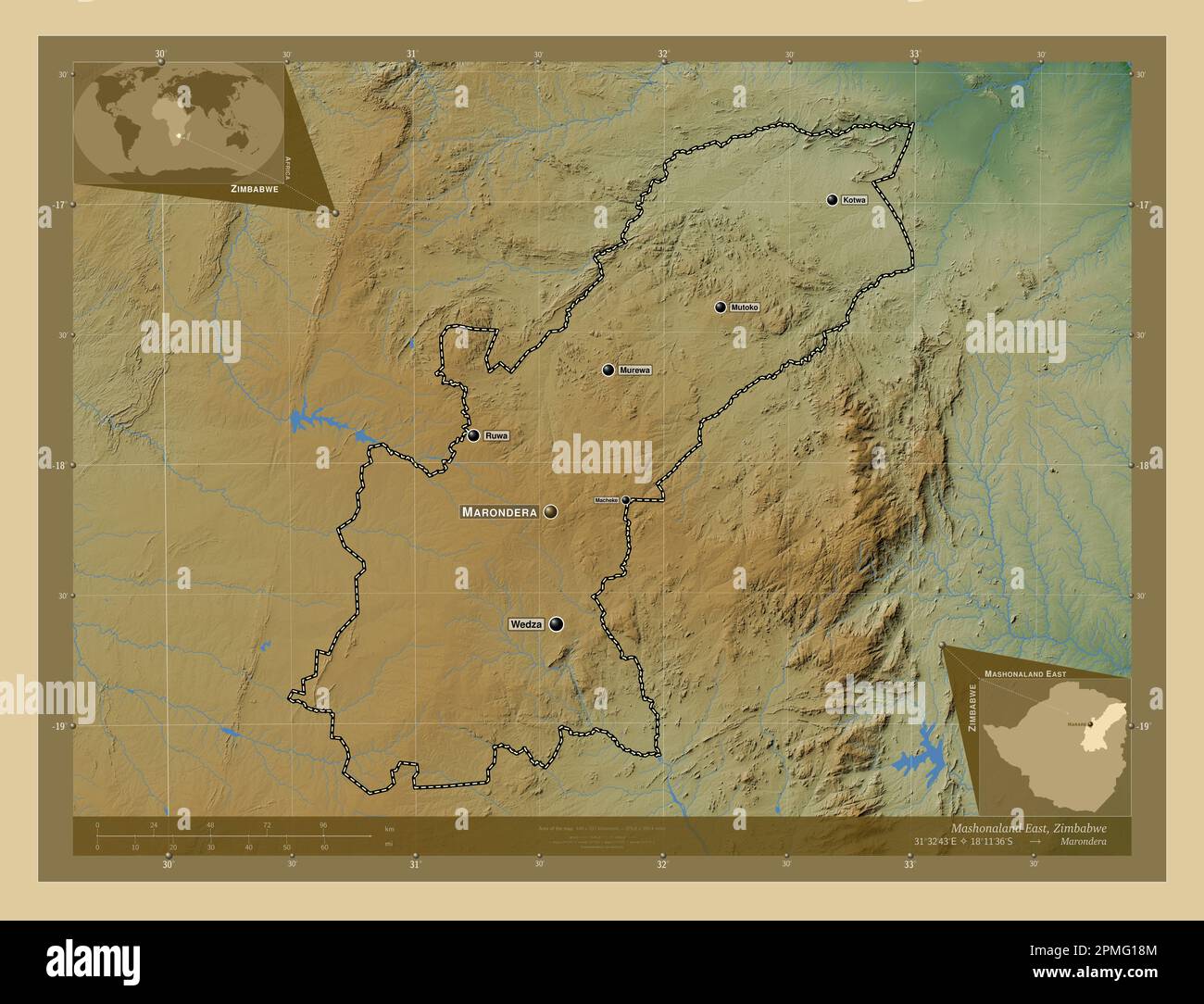 Mashonaland East, province of Zimbabwe. Colored elevation map with ...