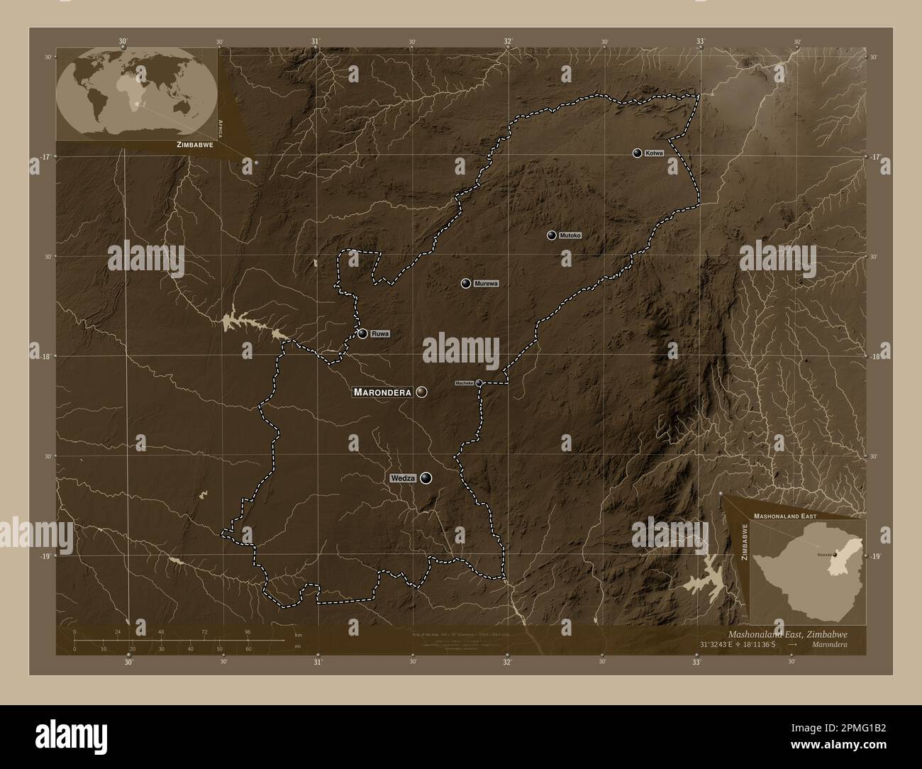Mashonaland East, province of Zimbabwe. Elevation map colored in sepia ...