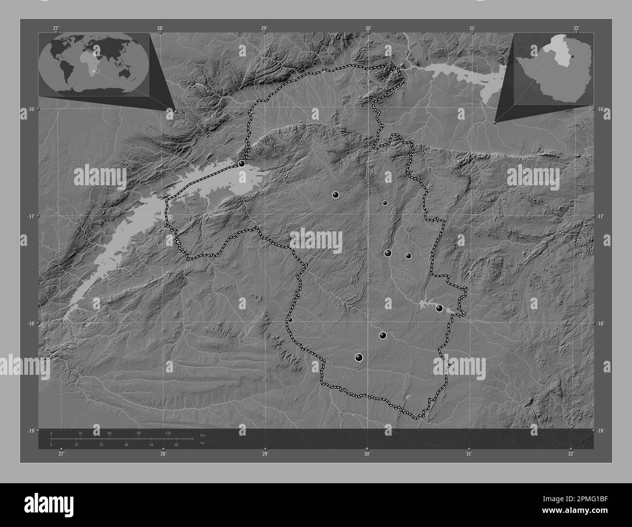Mashonaland West, province of Zimbabwe. Bilevel elevation map with ...