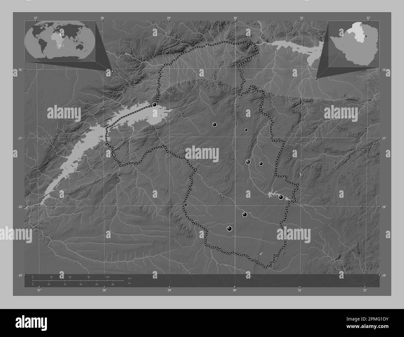 Mashonaland West, province of Zimbabwe. Grayscale elevation map with ...
