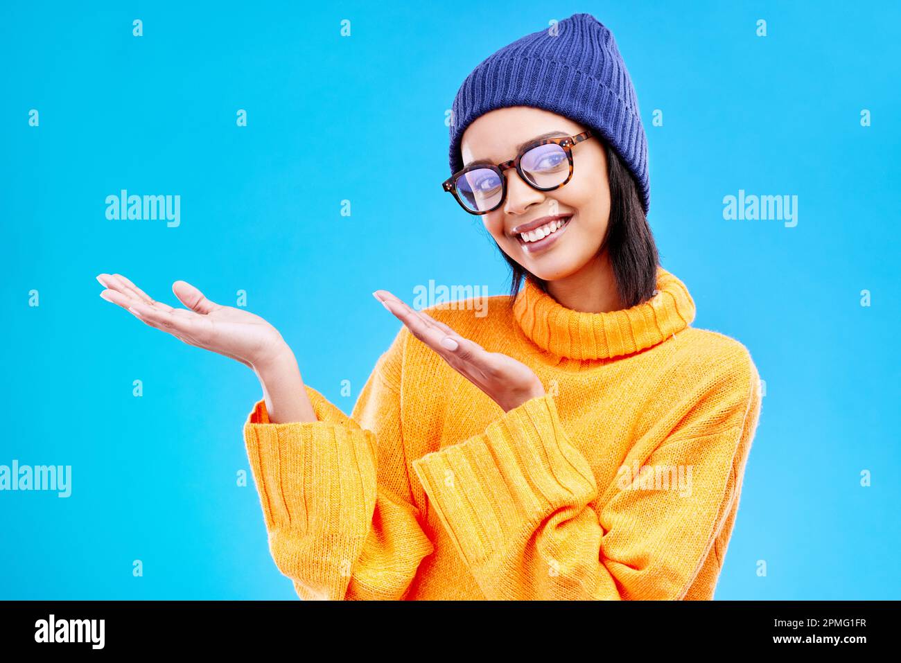 Woman palm, happiness and girl happy in a studio with promotion and ...