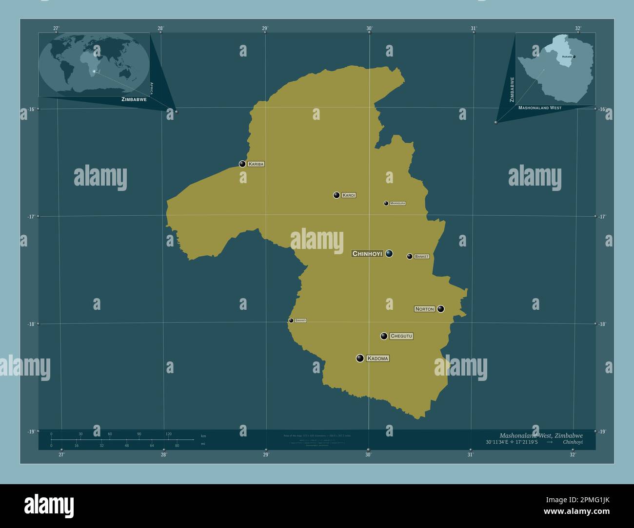 Mashonaland West, province of Zimbabwe. Solid color shape. Locations ...