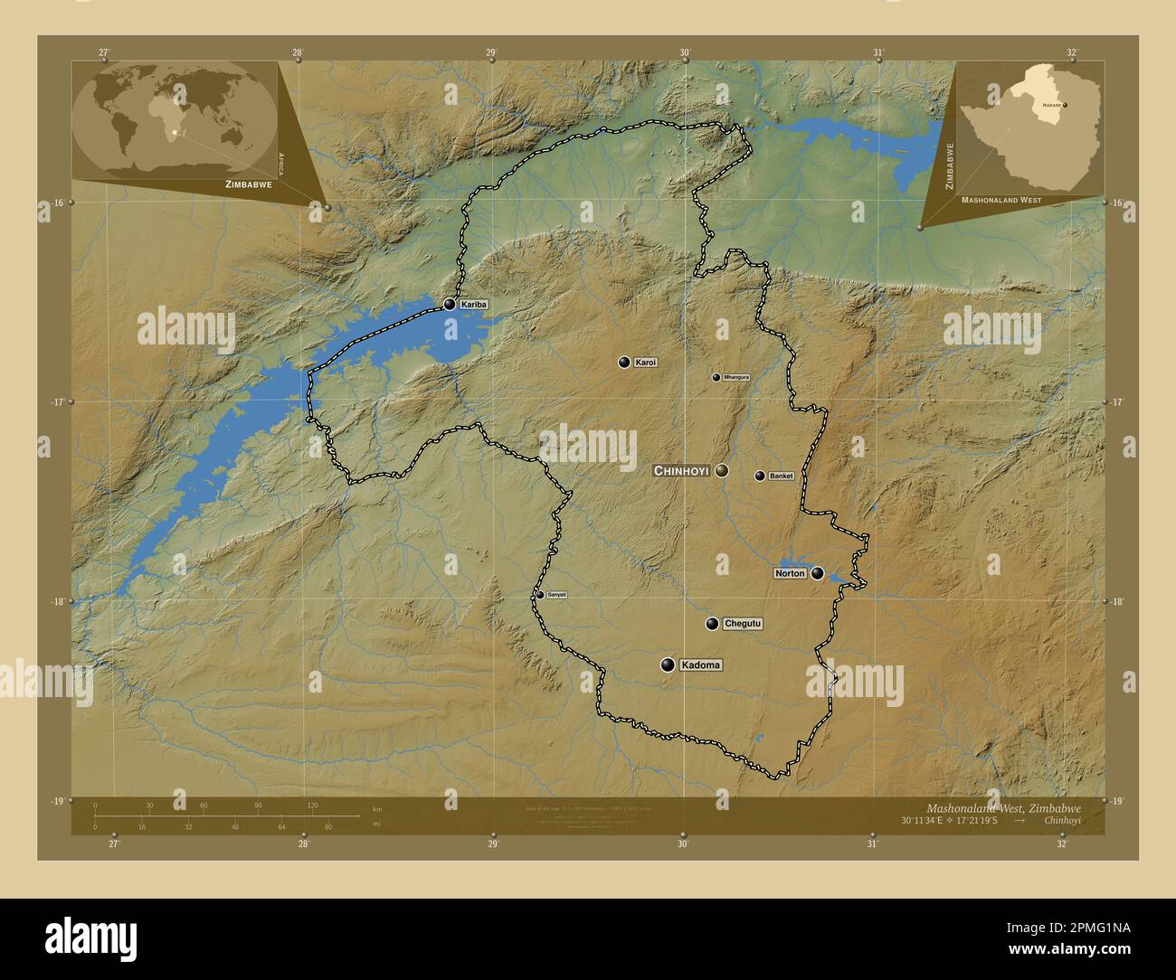 Mashonaland West, province of Zimbabwe. Colored elevation map with ...