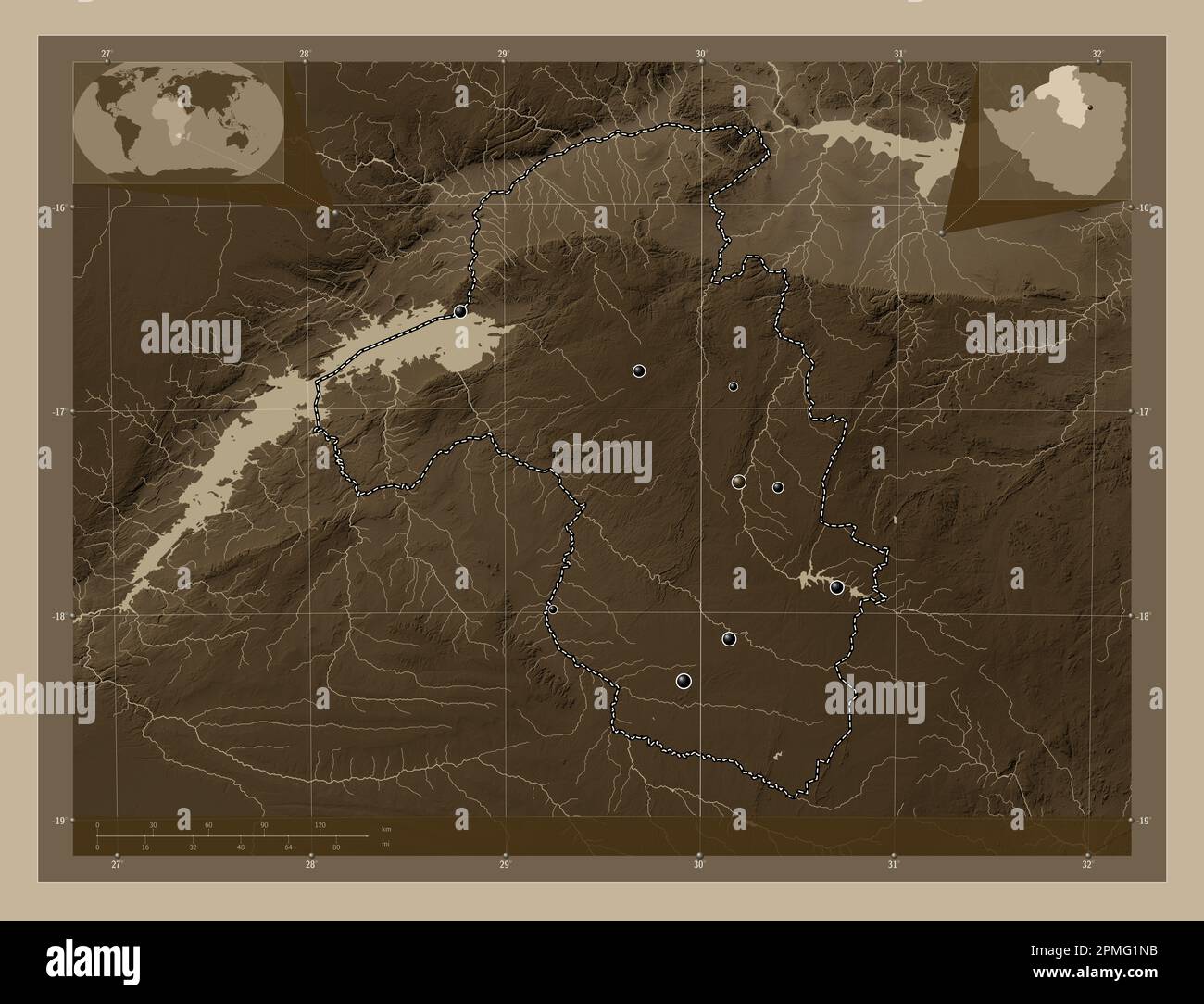 Mashonaland West, province of Zimbabwe. Elevation map colored in sepia ...