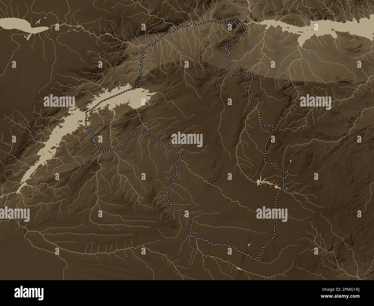 Mashonaland West, province of Zimbabwe. Elevation map colored in sepia ...