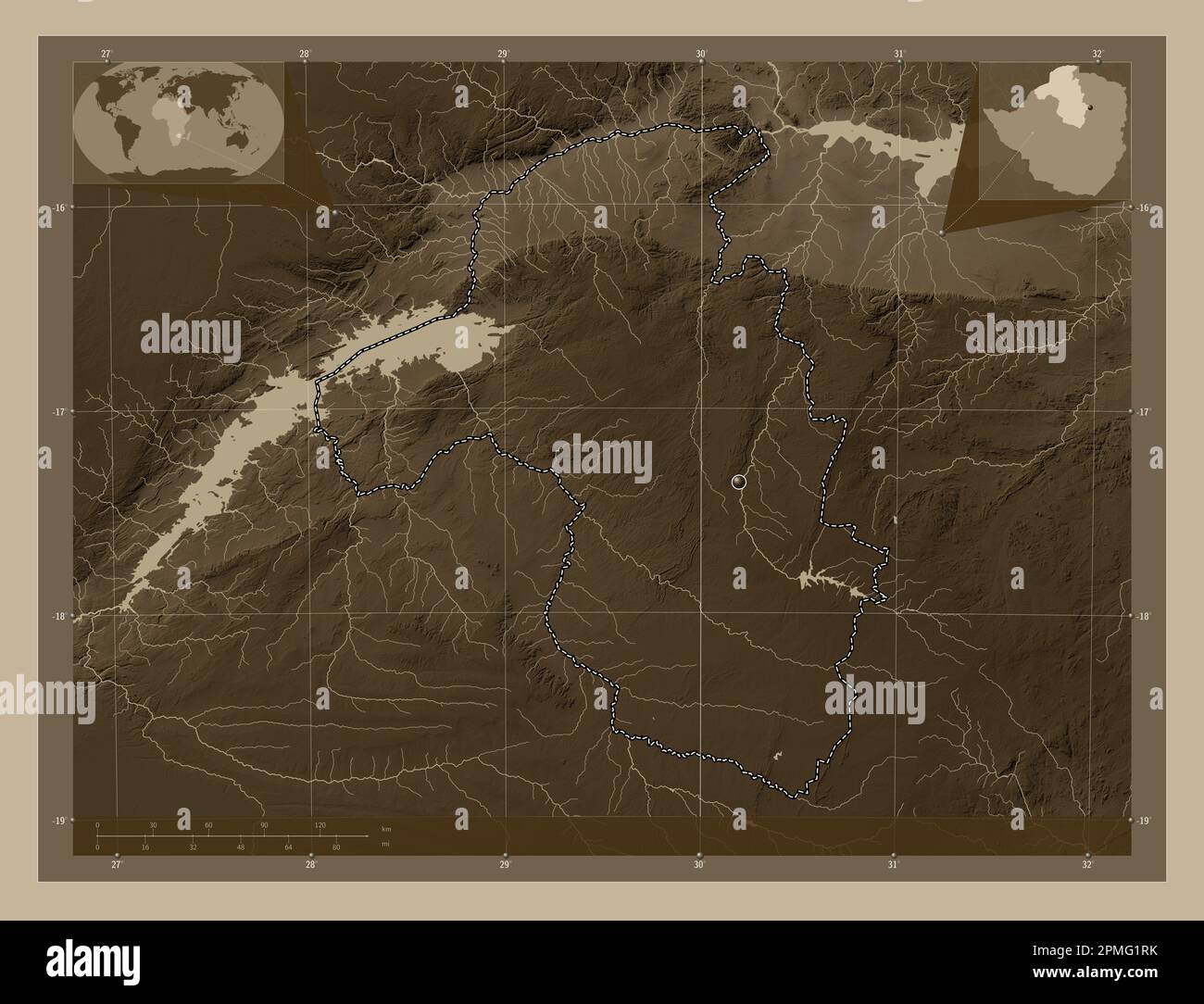 Mashonaland West, province of Zimbabwe. Elevation map colored in sepia ...