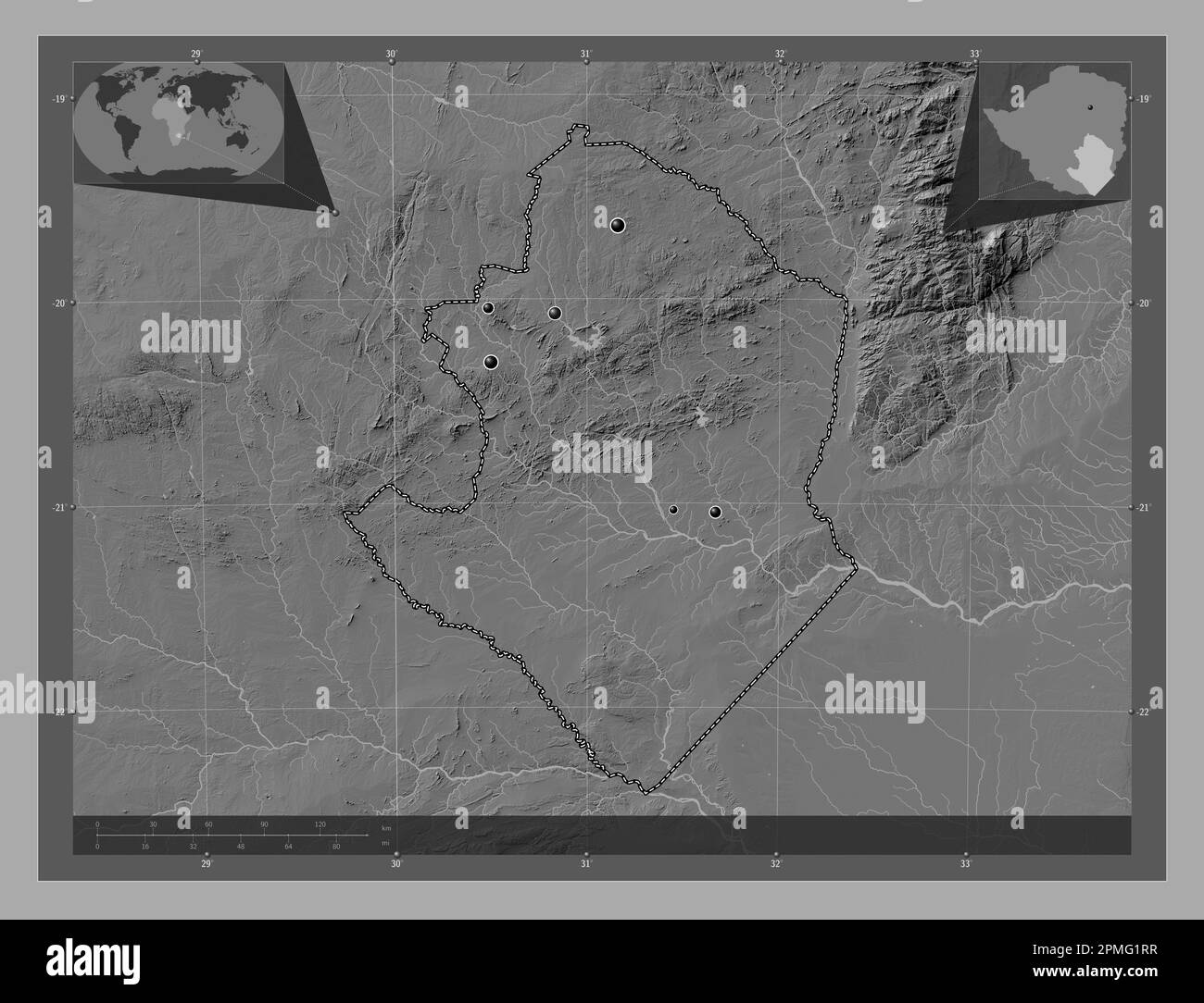 Masvingo, province of Zimbabwe. Bilevel elevation map with lakes and ...