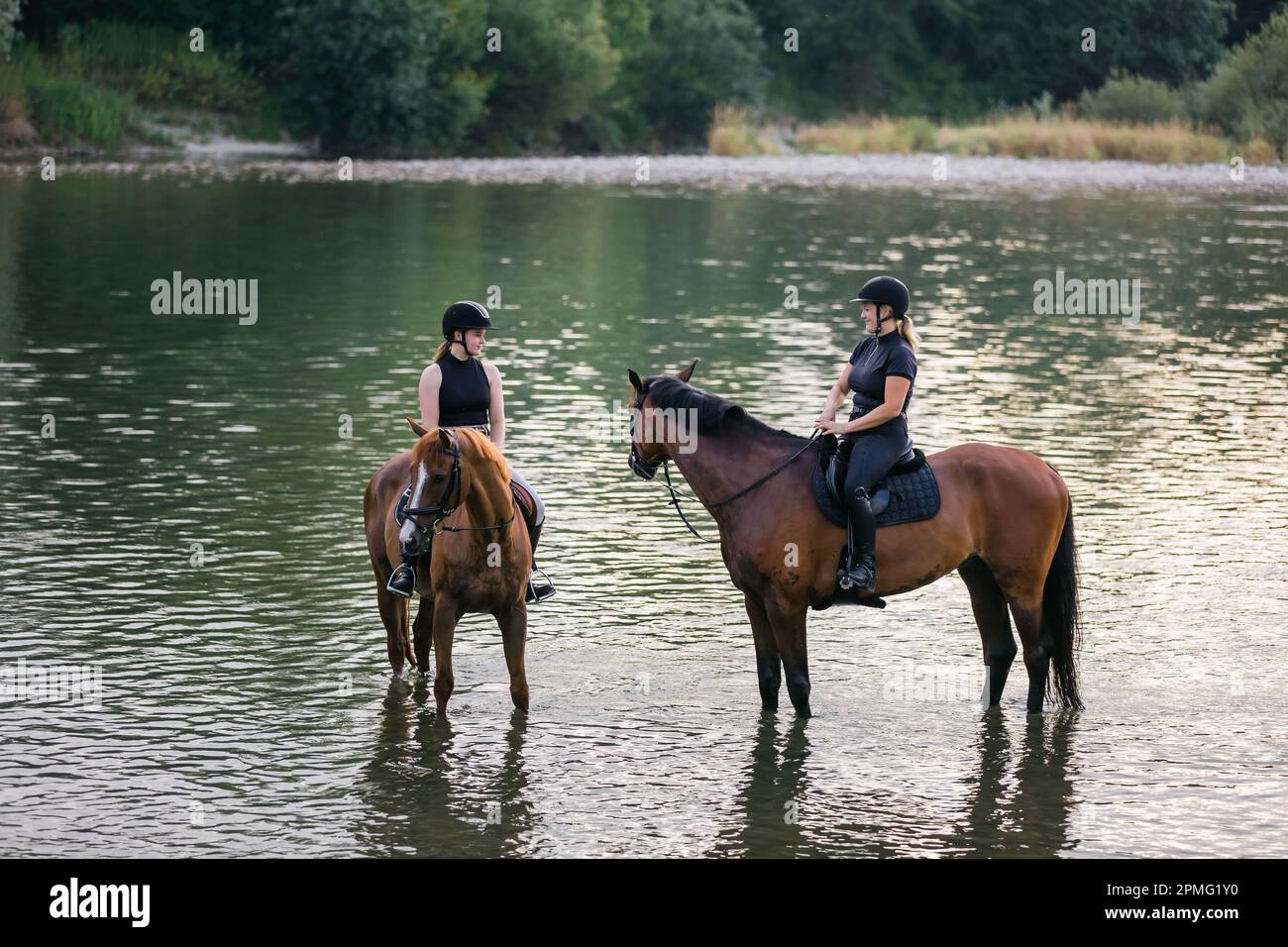 Riders, two young women riding beautiful horses down the calm river ...