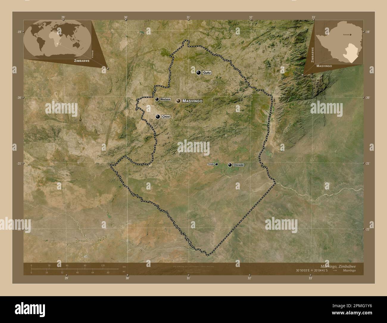Masvingo, province of Zimbabwe. Low resolution satellite map. Locations ...