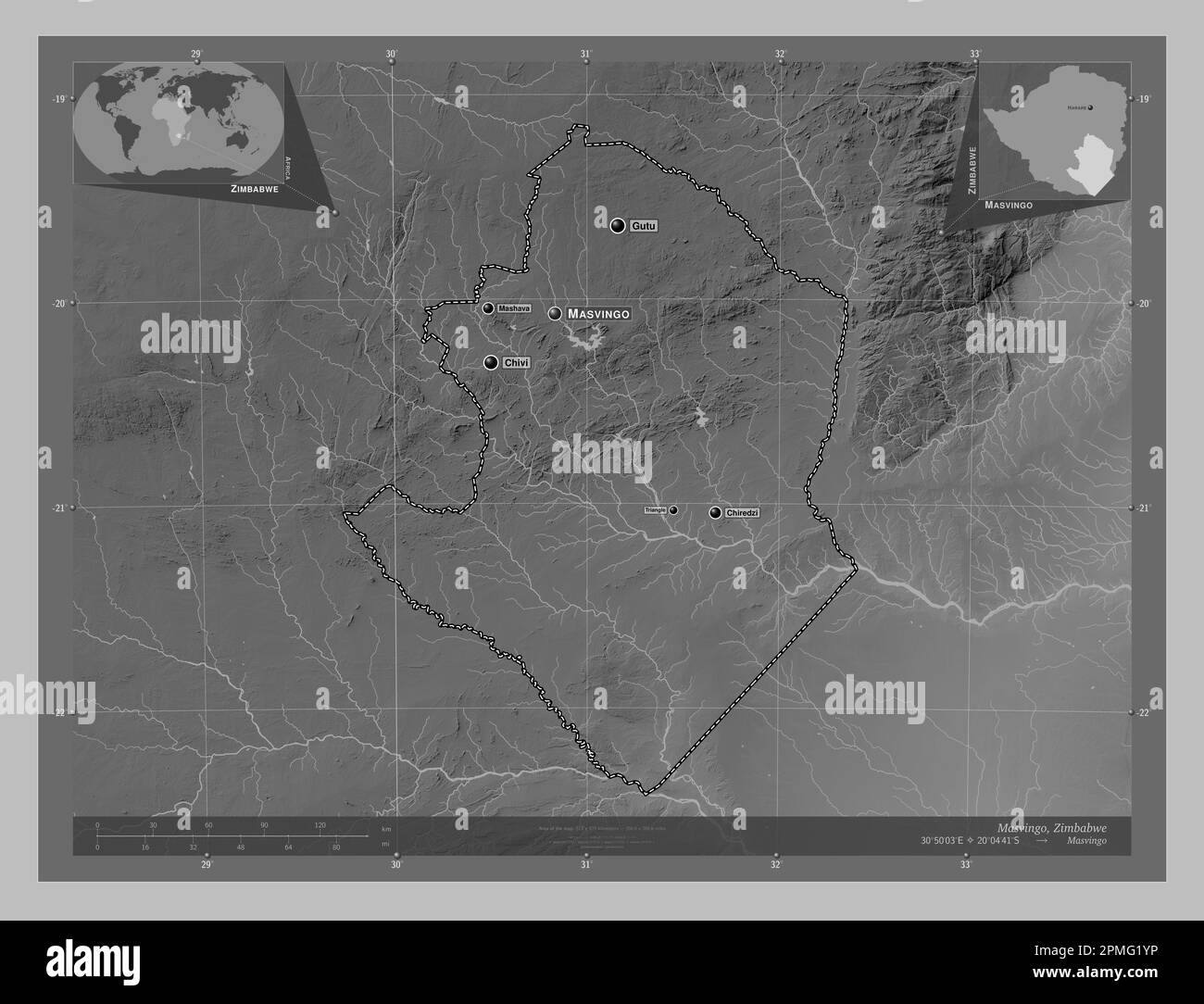 Masvingo, province of Zimbabwe. Grayscale elevation map with lakes and ...