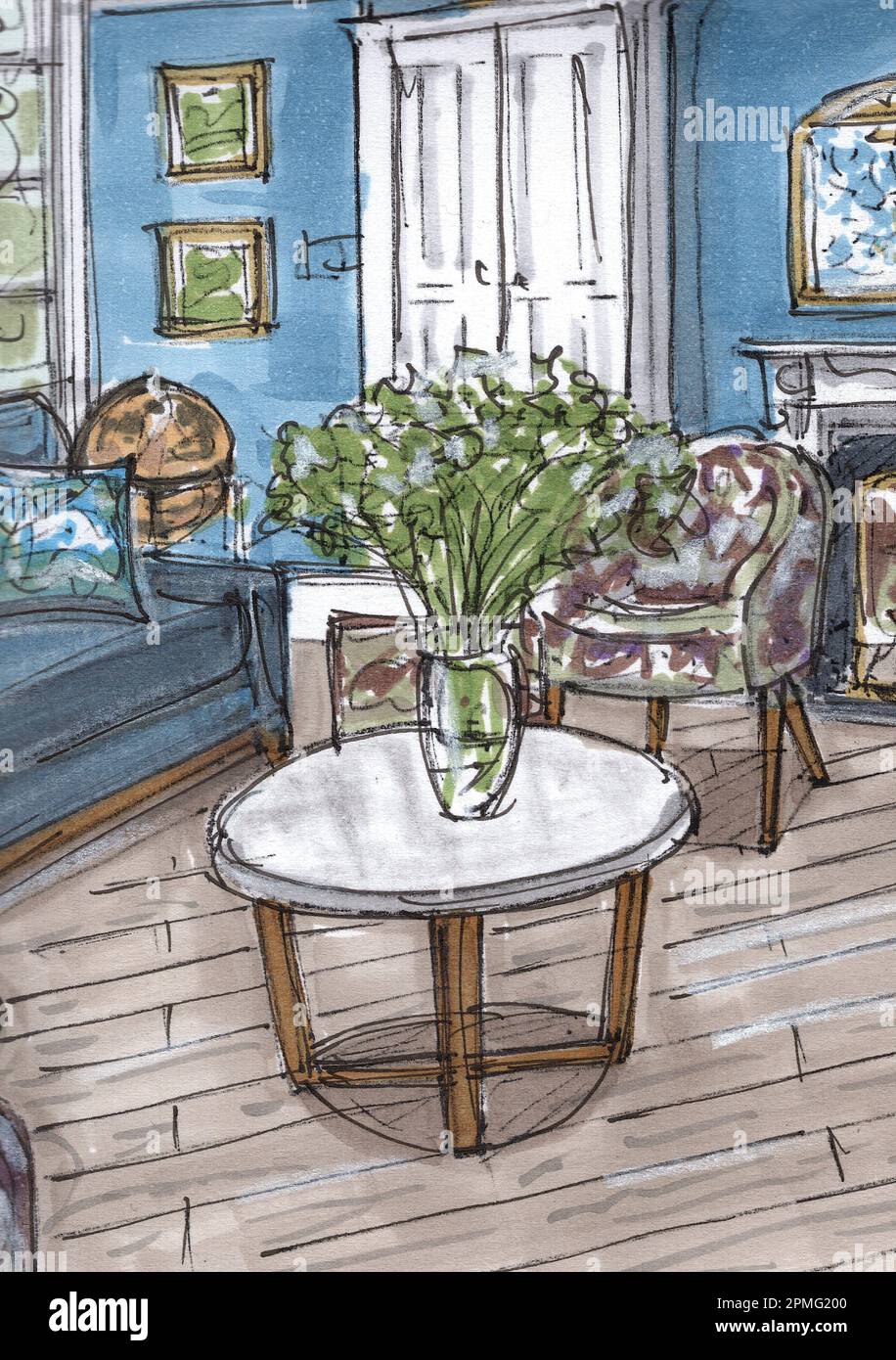 Colour sketch for a traditional style lounge Stock Photo - Alamy