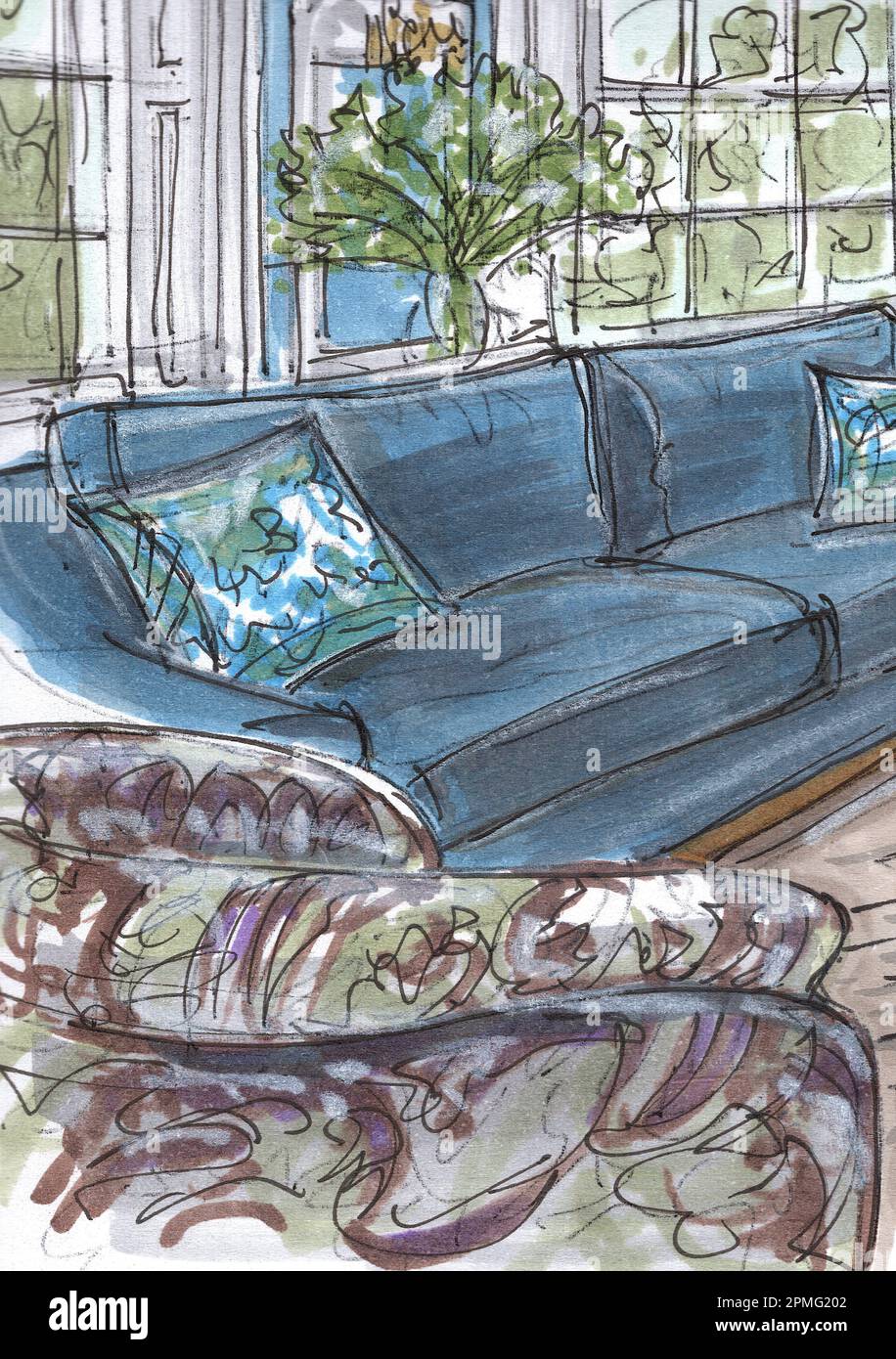 Colour sketch for a traditional style lounge Stock Photo - Alamy