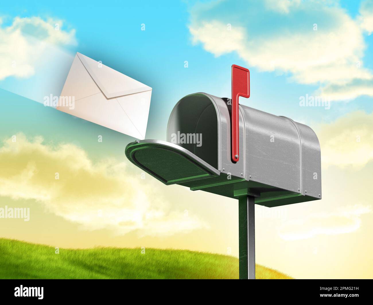 Traditional mailbox and letter over a gorgeous landscape with rolling ...
