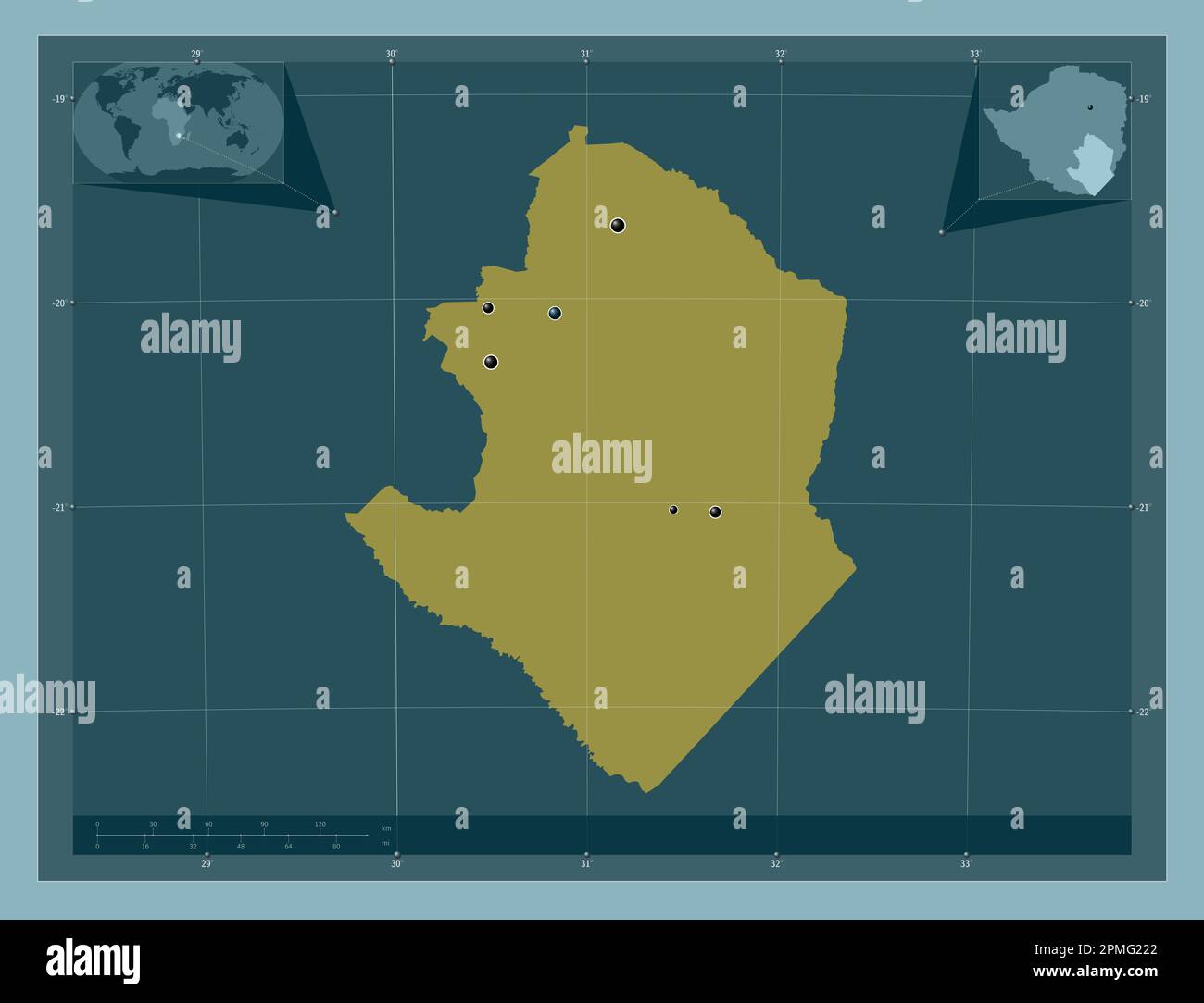 Masvingo, province of Zimbabwe. Solid color shape. Locations of major ...