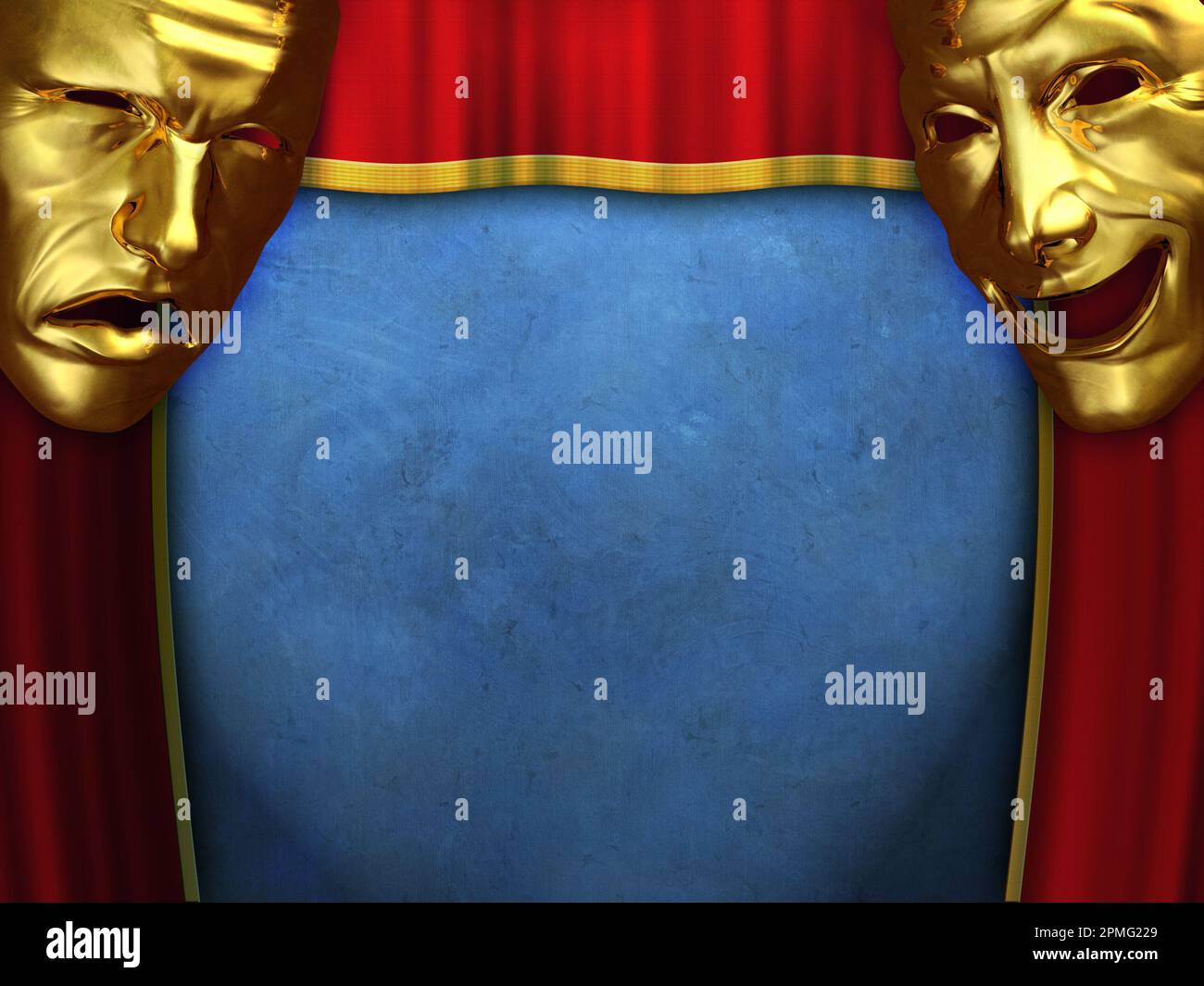 Sad and happy masks over opening curtains. Digital illustration Stock ...