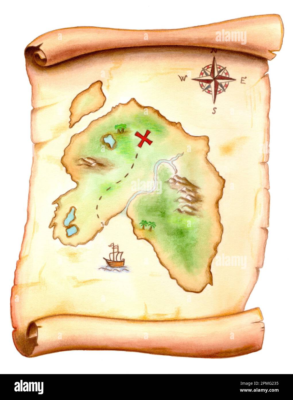 Old map showing a treasure island. Hand painted illustration Stock ...