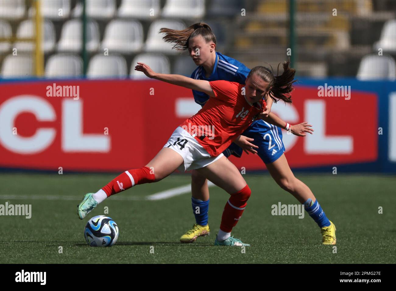 Vercelli, Italy, 11th April 2023. Sofia Bertucci of Italy tussles with ...