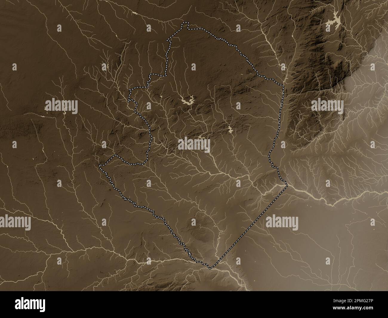 Masvingo, province of Zimbabwe. Elevation map colored in sepia tones ...