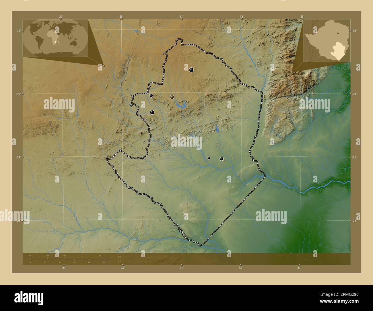 Masvingo, province of Zimbabwe. Colored elevation map with lakes and ...