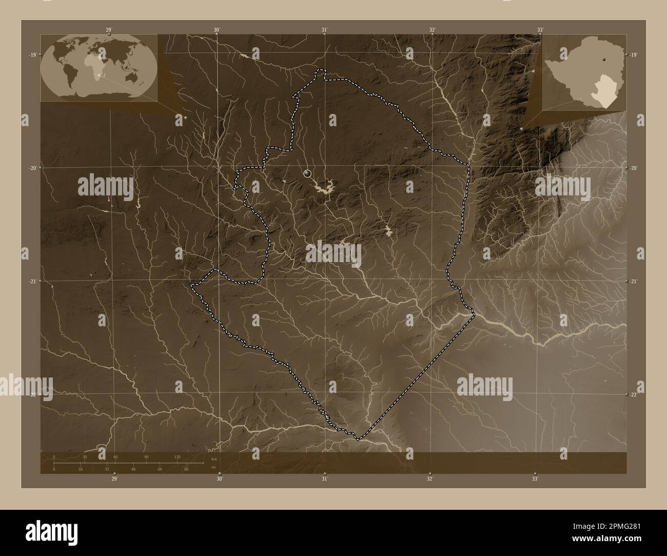 Masvingo, province of Zimbabwe. Elevation map colored in sepia tones ...