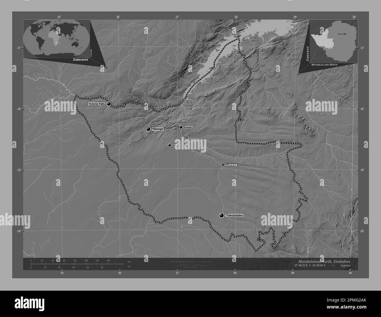 Matabeleland North, province of Zimbabwe. Bilevel elevation map with ...