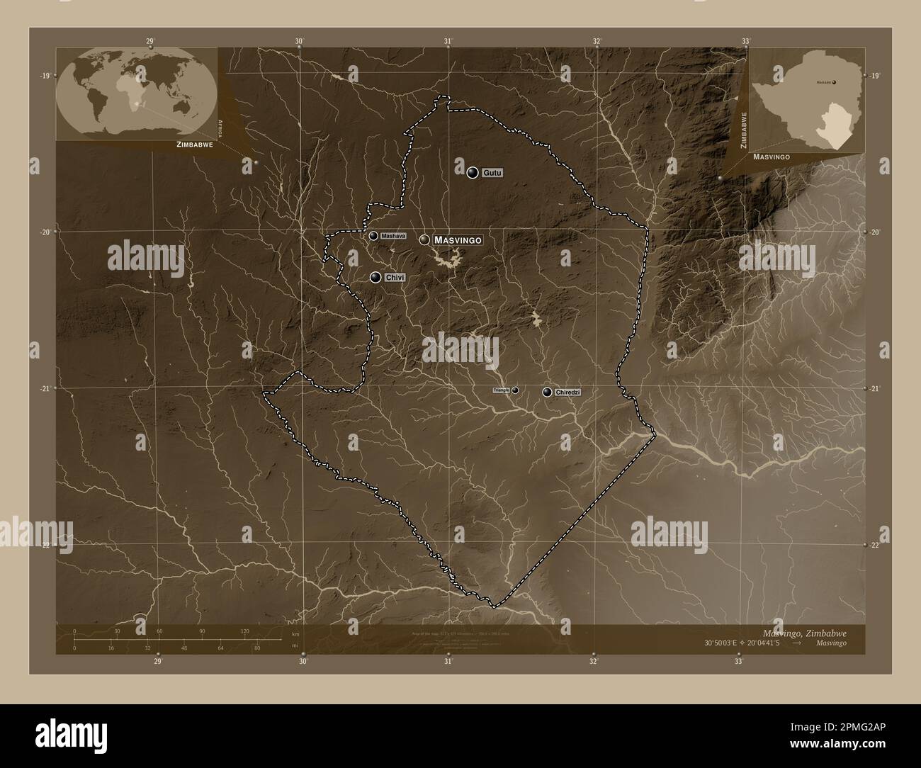 Masvingo, province of Zimbabwe. Elevation map colored in sepia tones ...