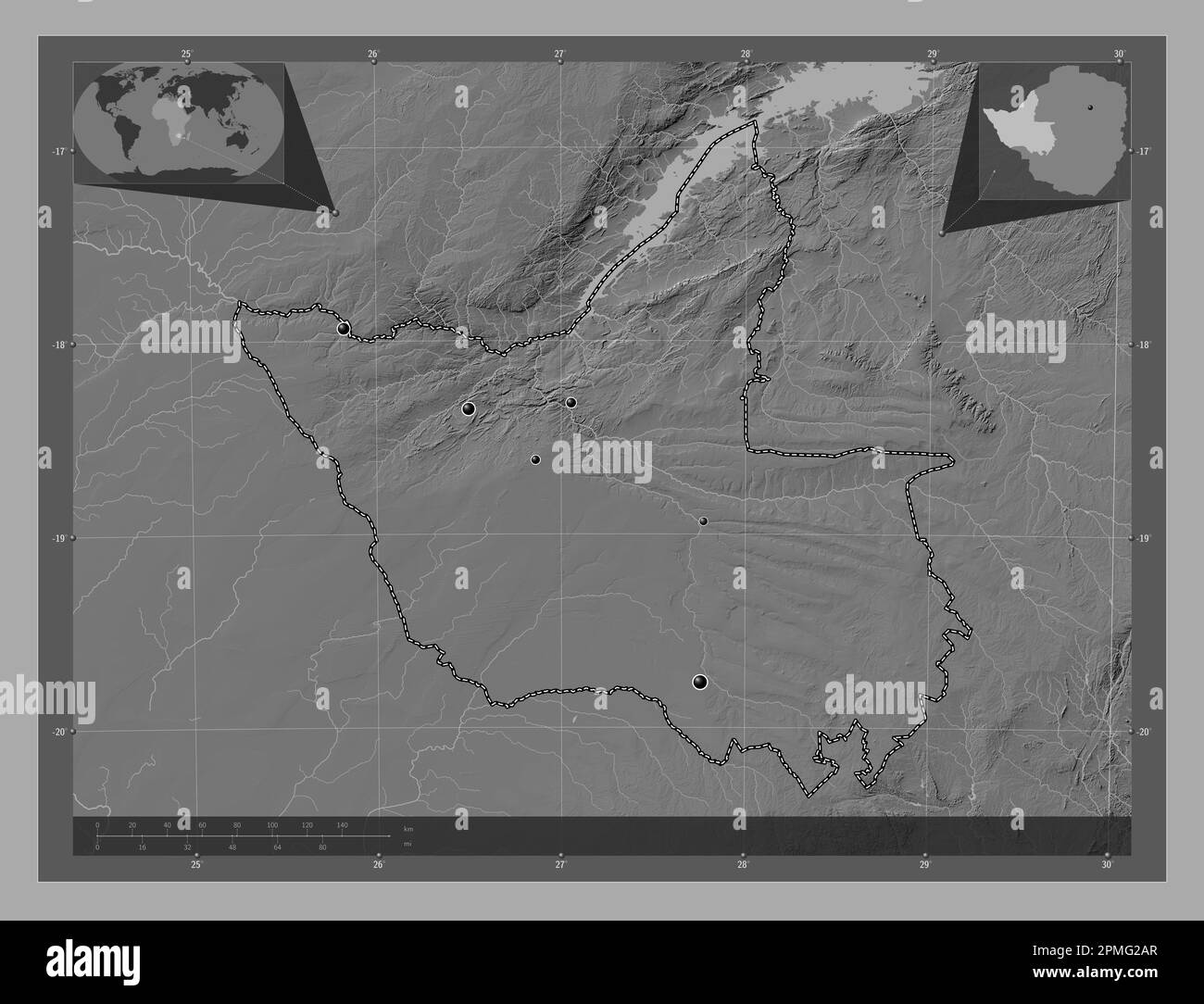 Matabeleland North, province of Zimbabwe. Bilevel elevation map with ...