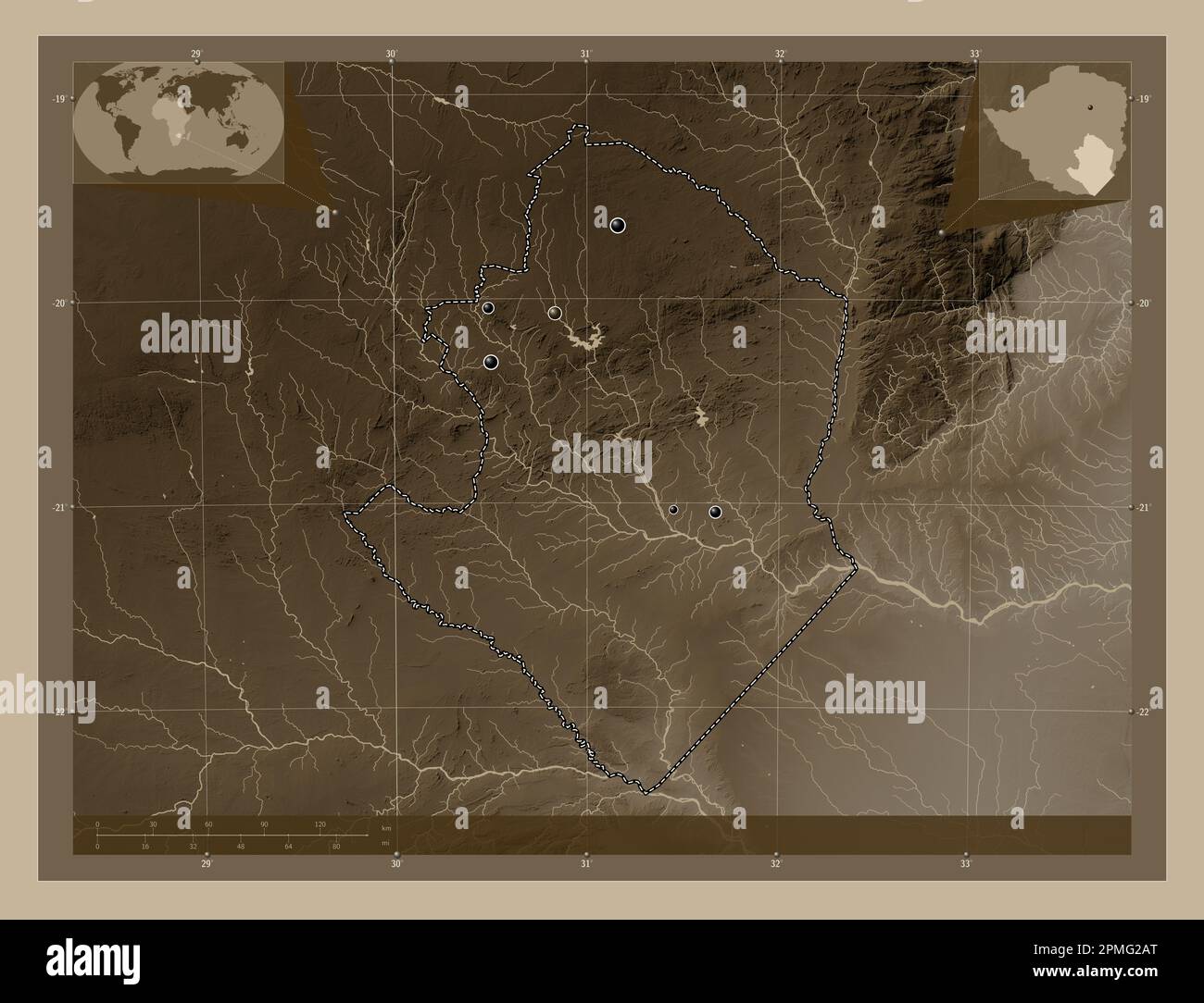 Masvingo, province of Zimbabwe. Elevation map colored in sepia tones ...