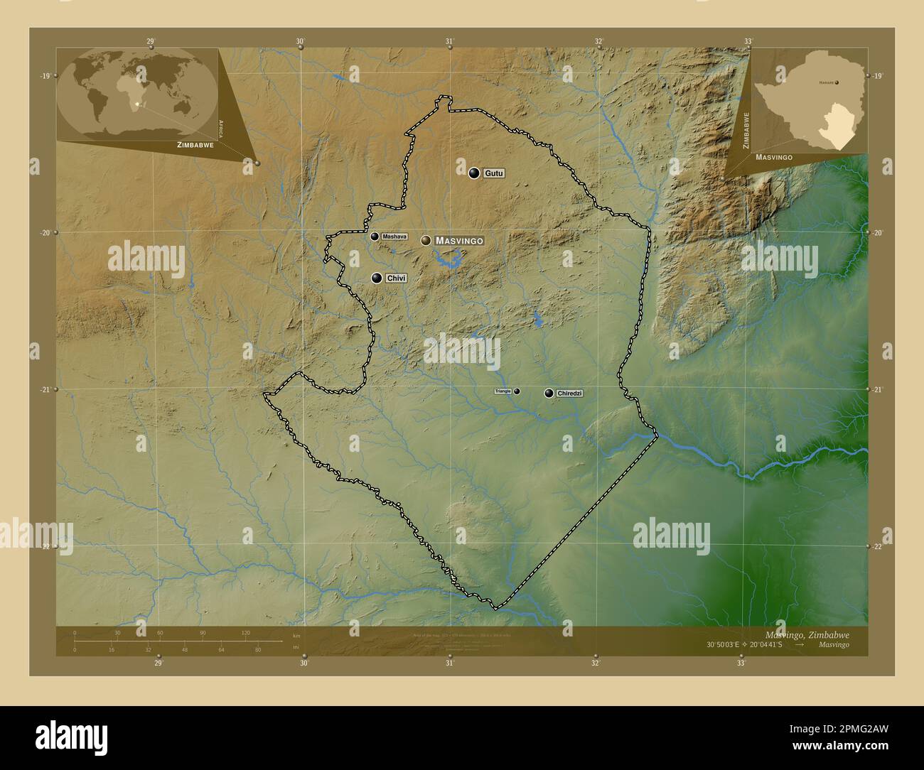 Masvingo, province of Zimbabwe. Colored elevation map with lakes and ...