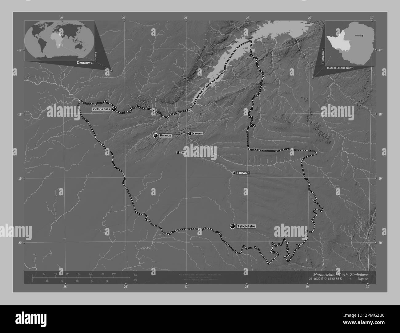 Matabeleland North, province of Zimbabwe. Grayscale elevation map with ...