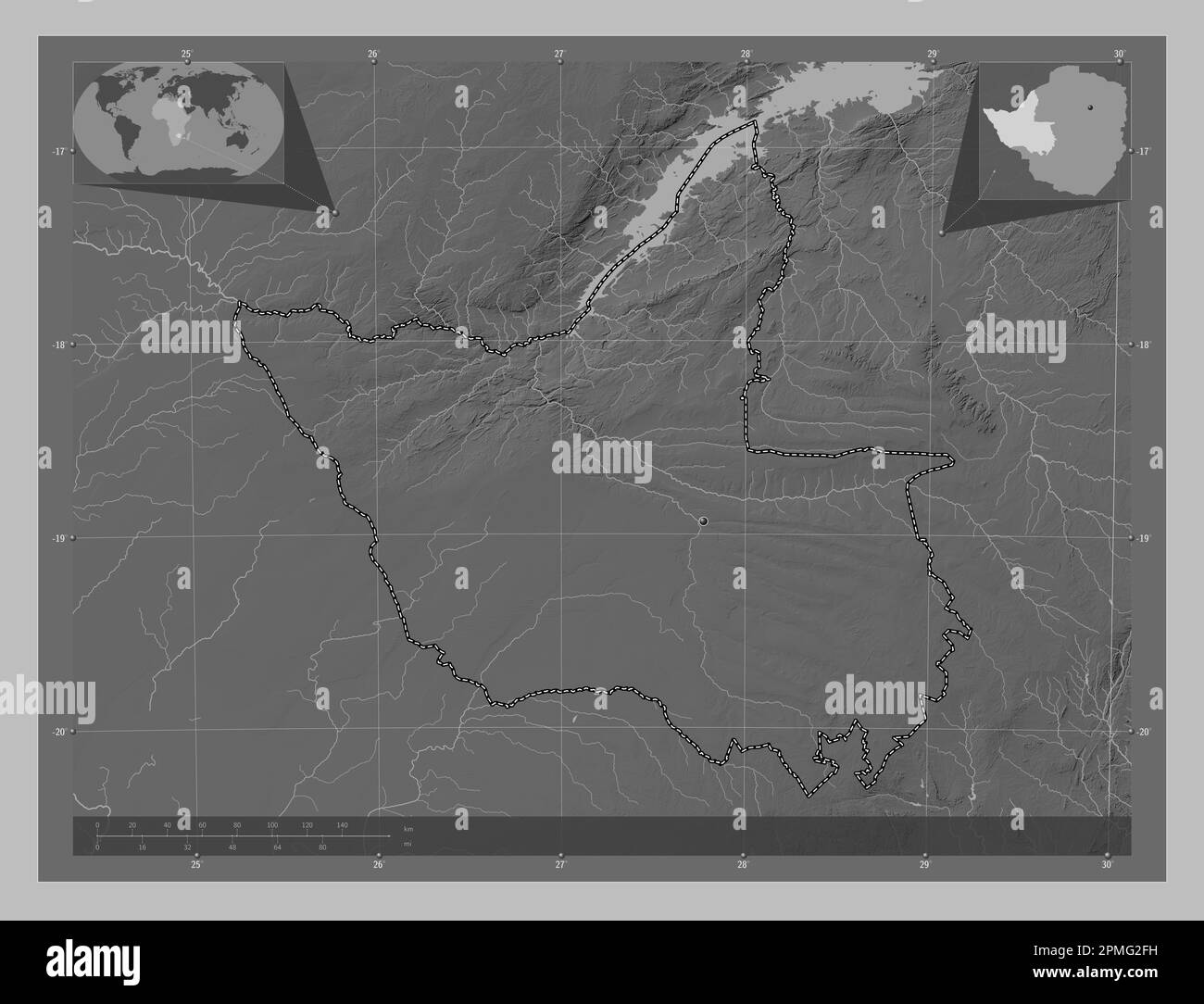 Matabeleland North, province of Zimbabwe. Grayscale elevation map with ...